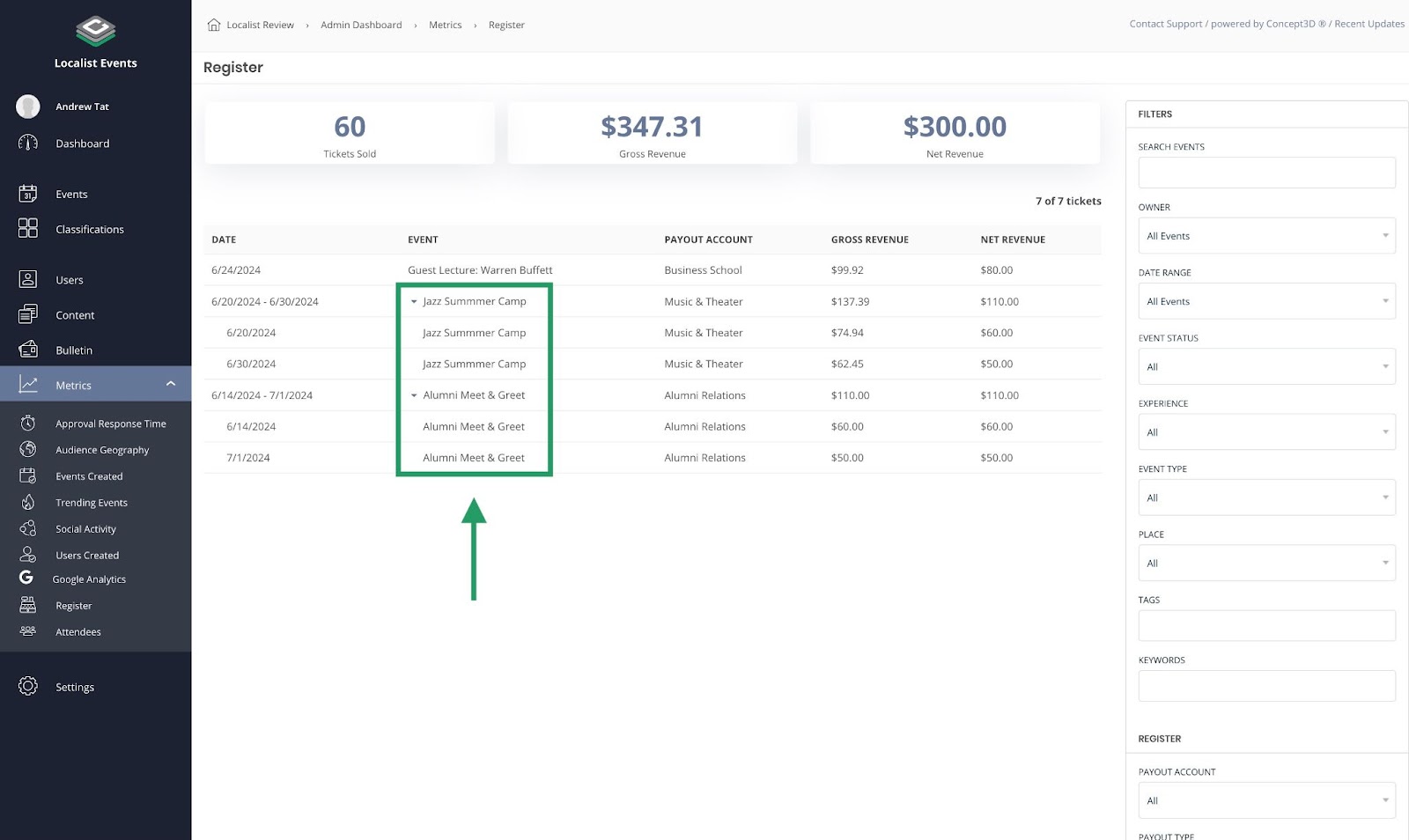 Register Metrics - Financial and Attendance Reports – Concept3D Help